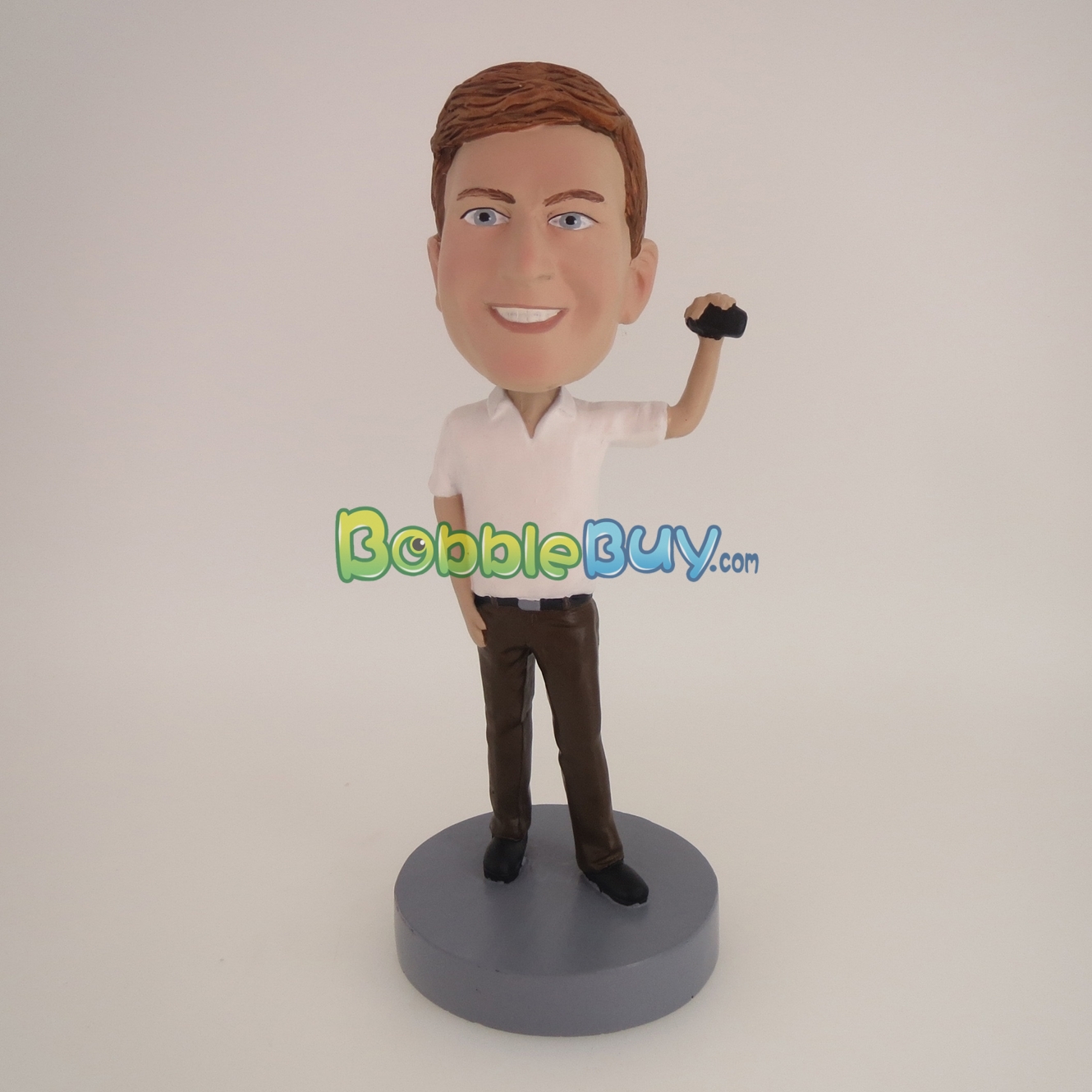 One Hand Up Man With White Polo Bobblehead | BobbleBuy - Custom ...